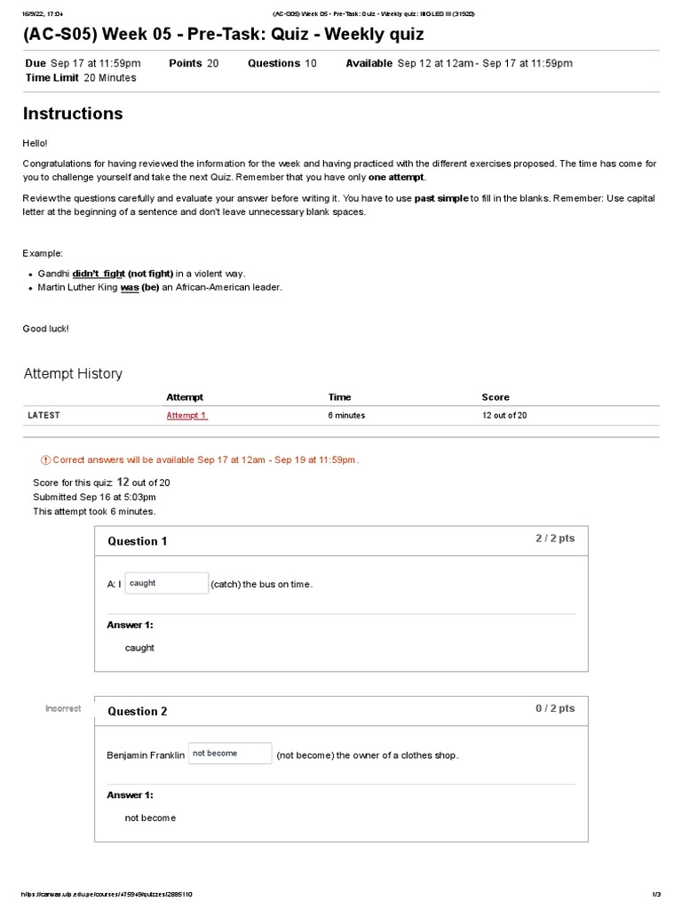 (AC-S05) Week 05 - Pre-Task - Quiz - Weekly Quiz - INGLES III (31920) | PDF