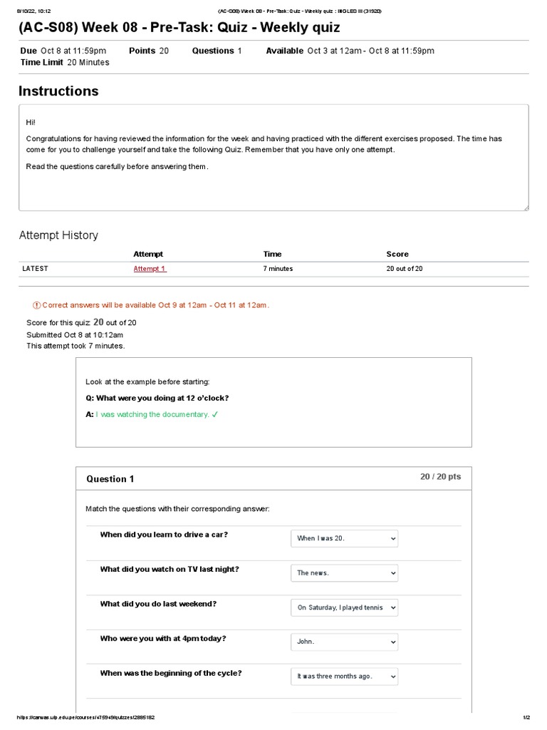 (AC-S08) Week 08 - Pre-Task_ Quiz - Weekly quiz _ INGLES III (31920) | PDF
