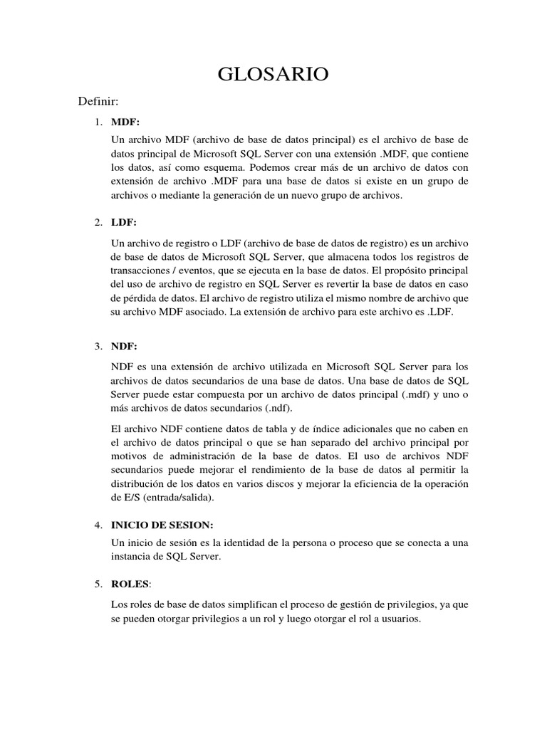 GLOSARIO | PDF | Bases de datos | Servidor SQL de Microsoft