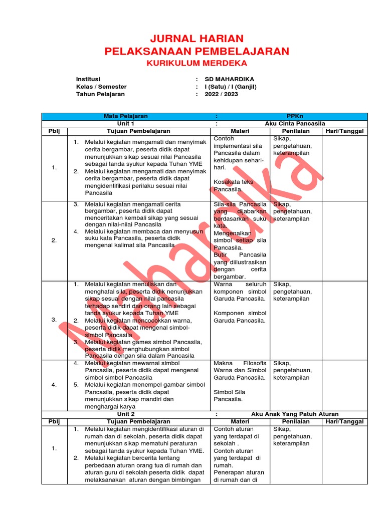Jurnal Harian Kelas 1 Penerapan Pancasila | PDF | Karier & Perkembangan ...