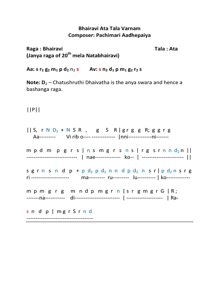 Bhairavi Ata Tala Varnam Guide | PDF | Classical And Art Music Traditions