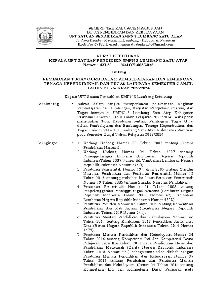 SK Pembagian Tugas Sem Ganjil 2023-2024 FIX | PDF
