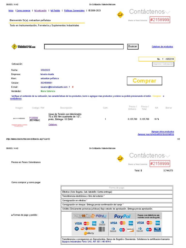 Cotización Viaindustrial Torquimetro | PDF | Bancario | Dinero