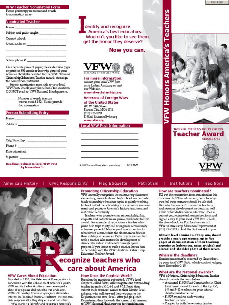 VFW Teacher Nomination Form | PDF | Teachers | Classroom