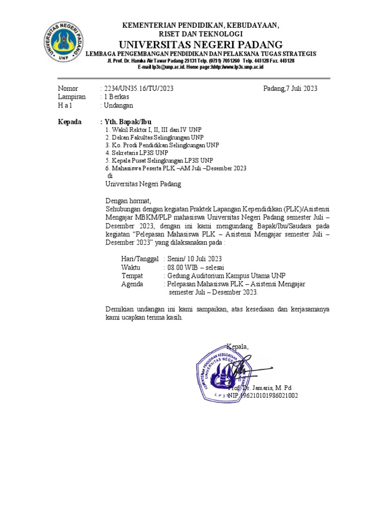 SU. Pelepasan MHS PLK (Pimpinan Dan Mahasiswa UNP) | PDF