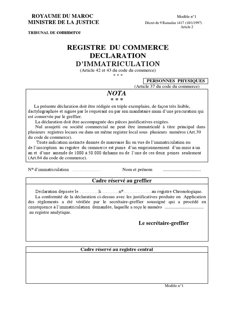 Registre Du Commerce Declaration D'Immatriculation: Royaume Du Maroc Ministre de La Justice ...