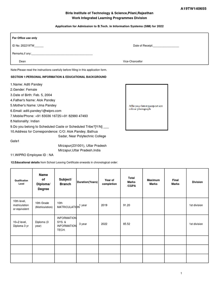 BITS Application Form | PDF | Diploma | University And College Admission