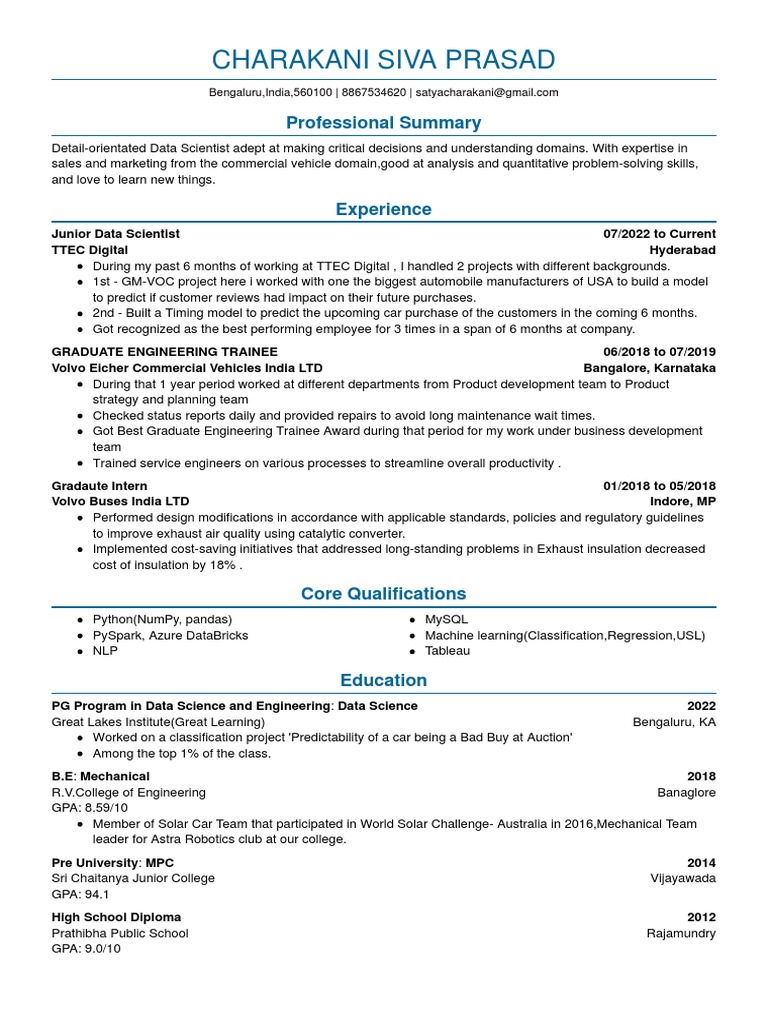 CV Professional Siva | PDF | Engineering | Bangalore