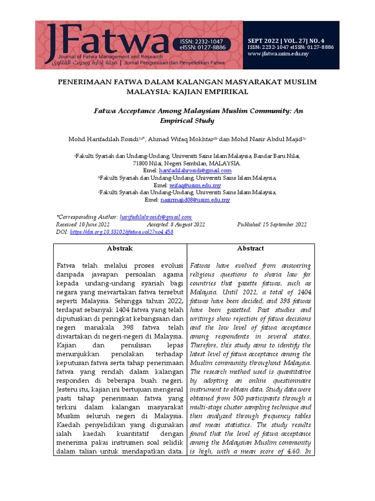 Fatwa Acceptance in Malaysian Muslims | PDF | International Standard ...