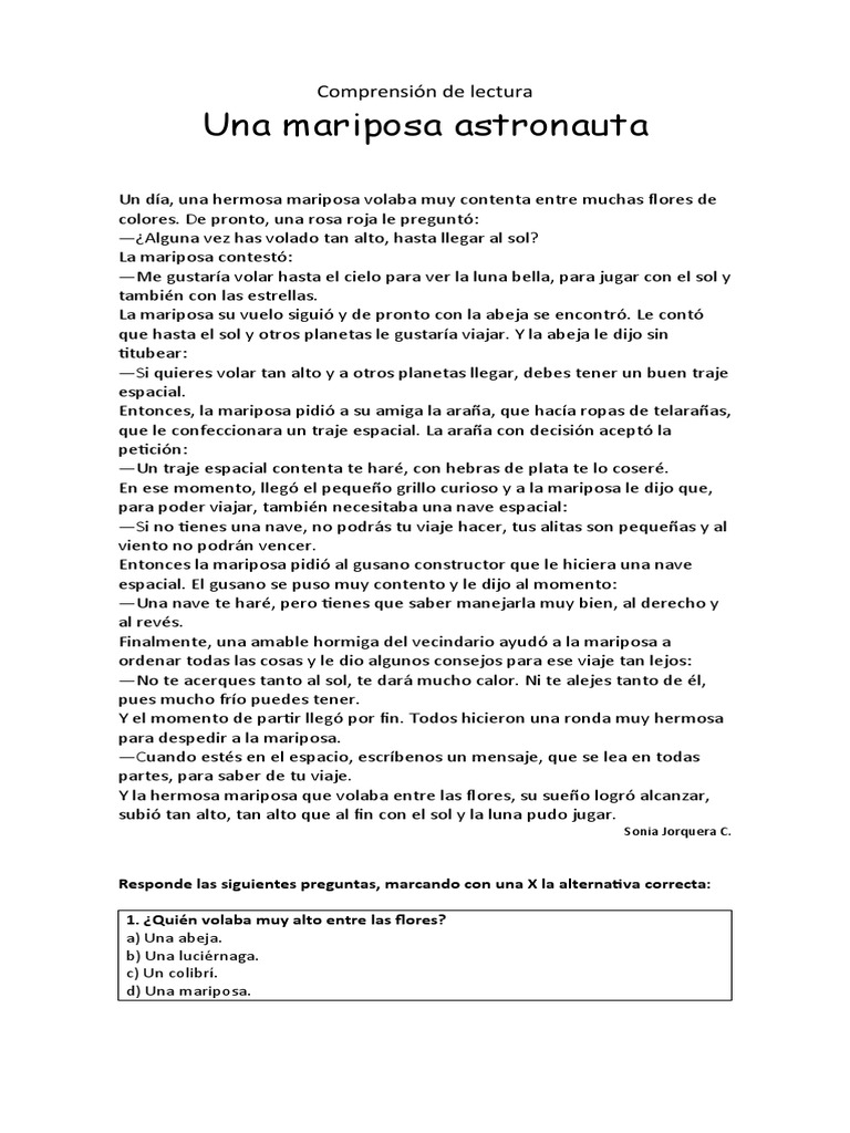 Comprensión de Lectura - Una Mariposa Astronauta | PDF | Espacio exterior