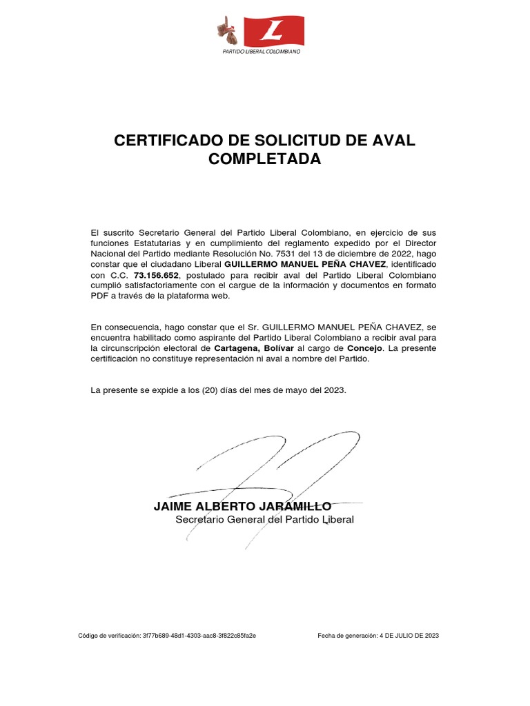 Certificado de Solicitud de Aval Completada: Jaime Alberto Jaramillo | PDF