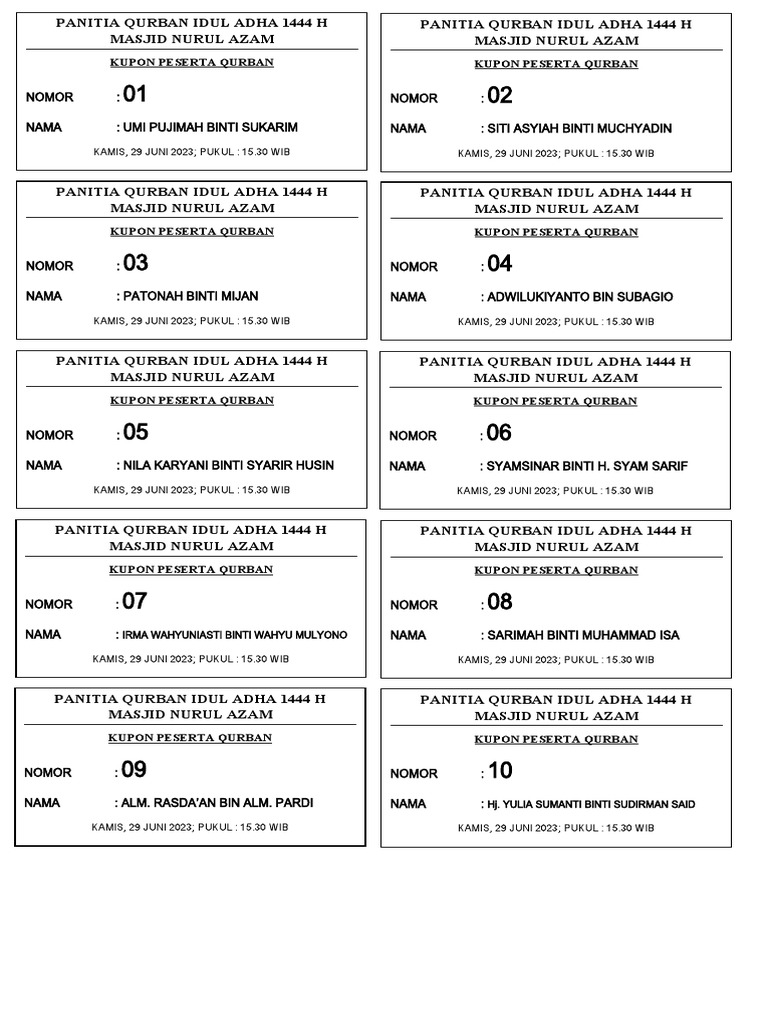 Kupon Peserta Qurban Idul Adha 1444 H | PDF