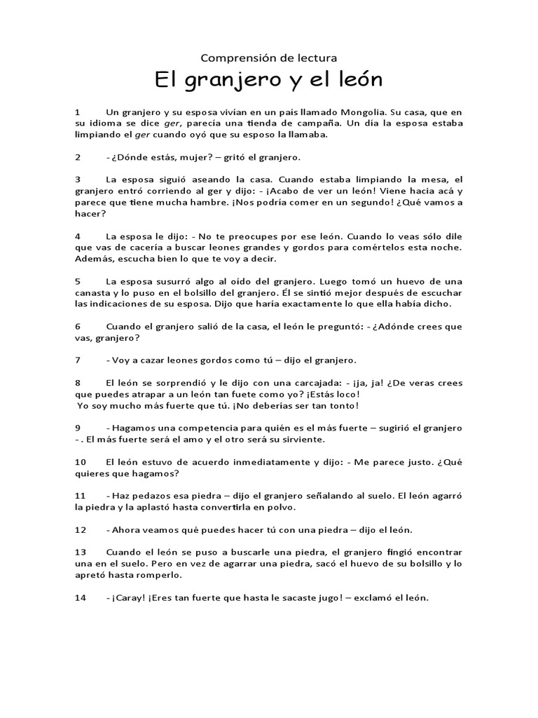 Comprensión de Lectura - El Granjero y El León | PDF