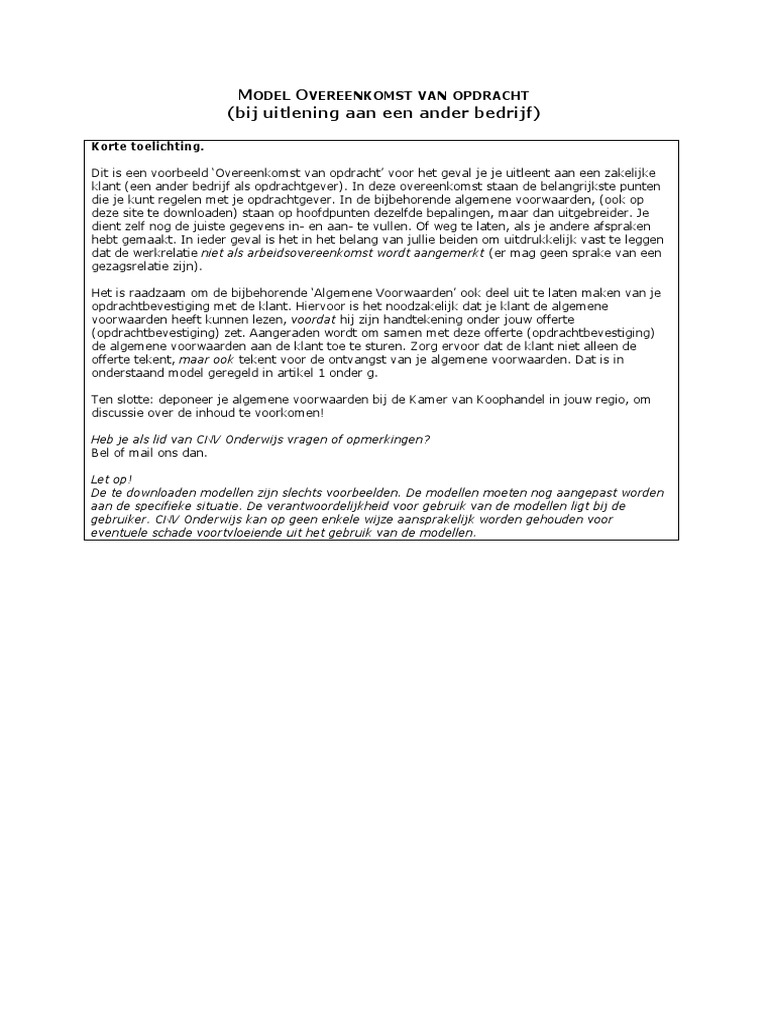 Model Overeenkomst Van Opdracht Bij Uitlening | PDF