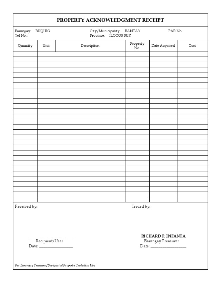Property Acknowledgment Receipt Template | PDF