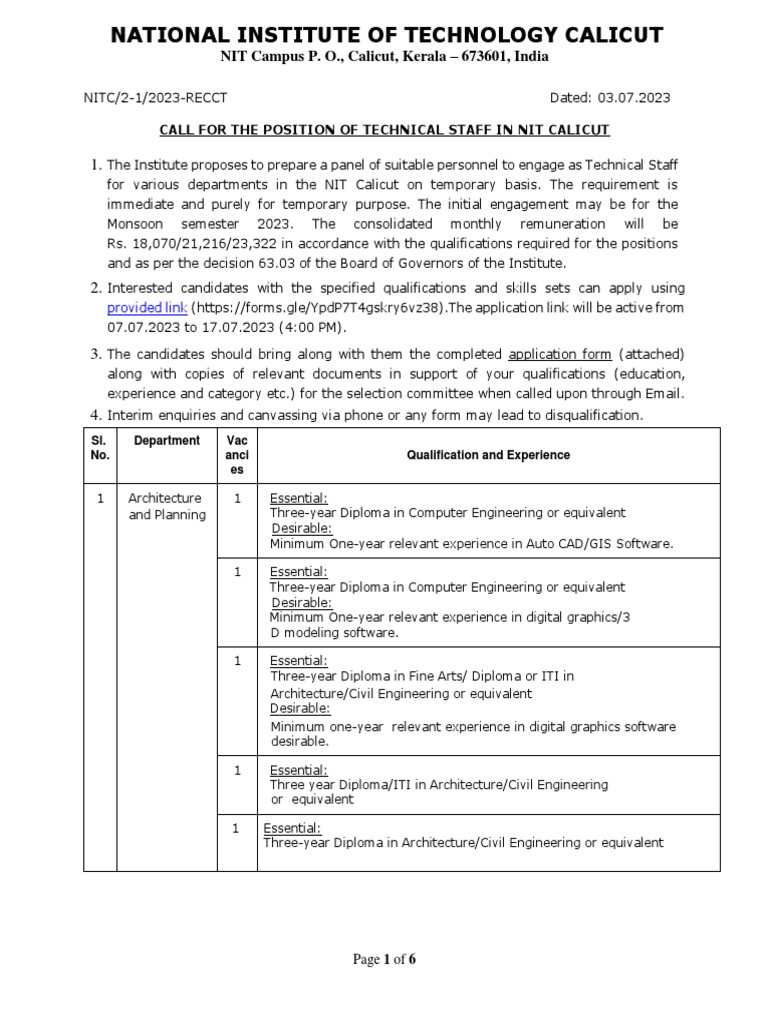Notification NIT Calicut Various Vacancy Posts | PDF | Diploma ...