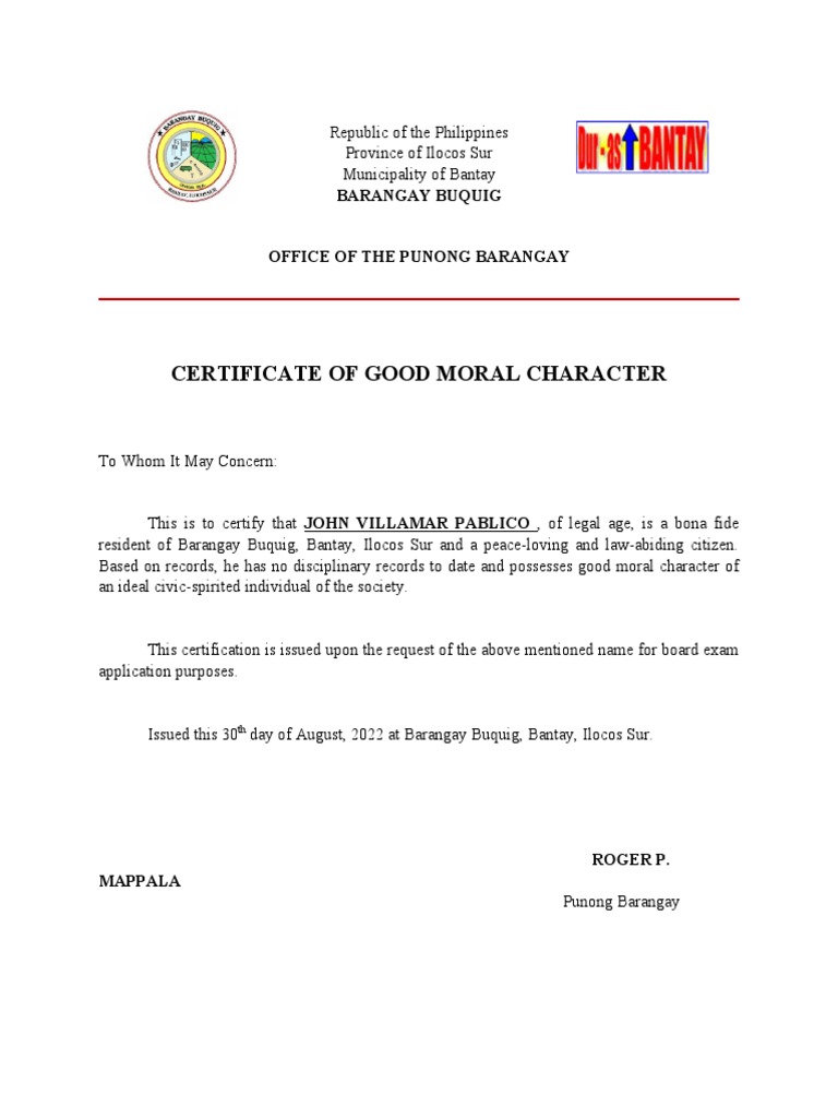 Certificate of Good Moral Character | PDF