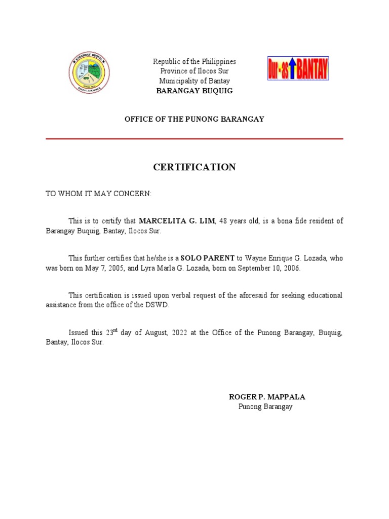 Solo Parent Certification | PDF