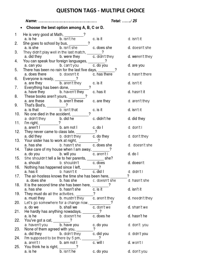 Question Tags Multiple Choice Quiz | PDF