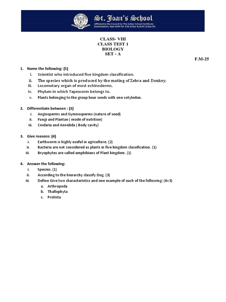 Class 8 B & C-Biology-Ct1-Set A | PDF