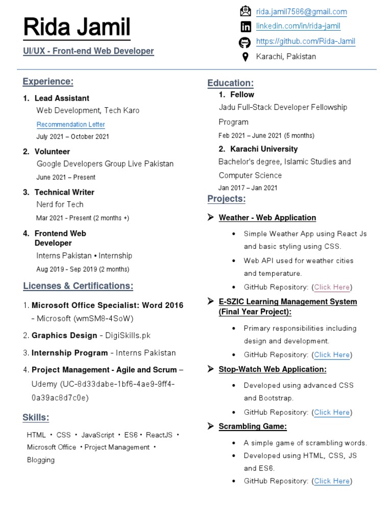 Rida Jamil - CV | PDF | Software | Web Development Rida Jamil - CV | PDF | Software | Web Development