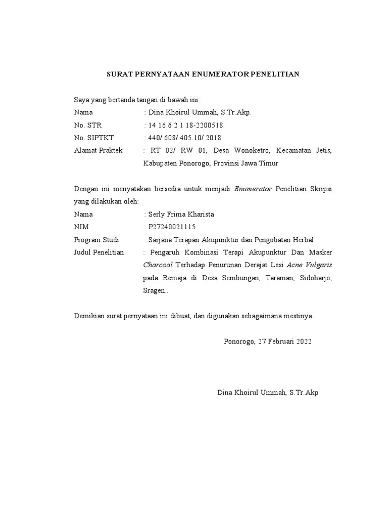 Surat Pernyataan Enumerator-Fasilitator Penelitian | PDF