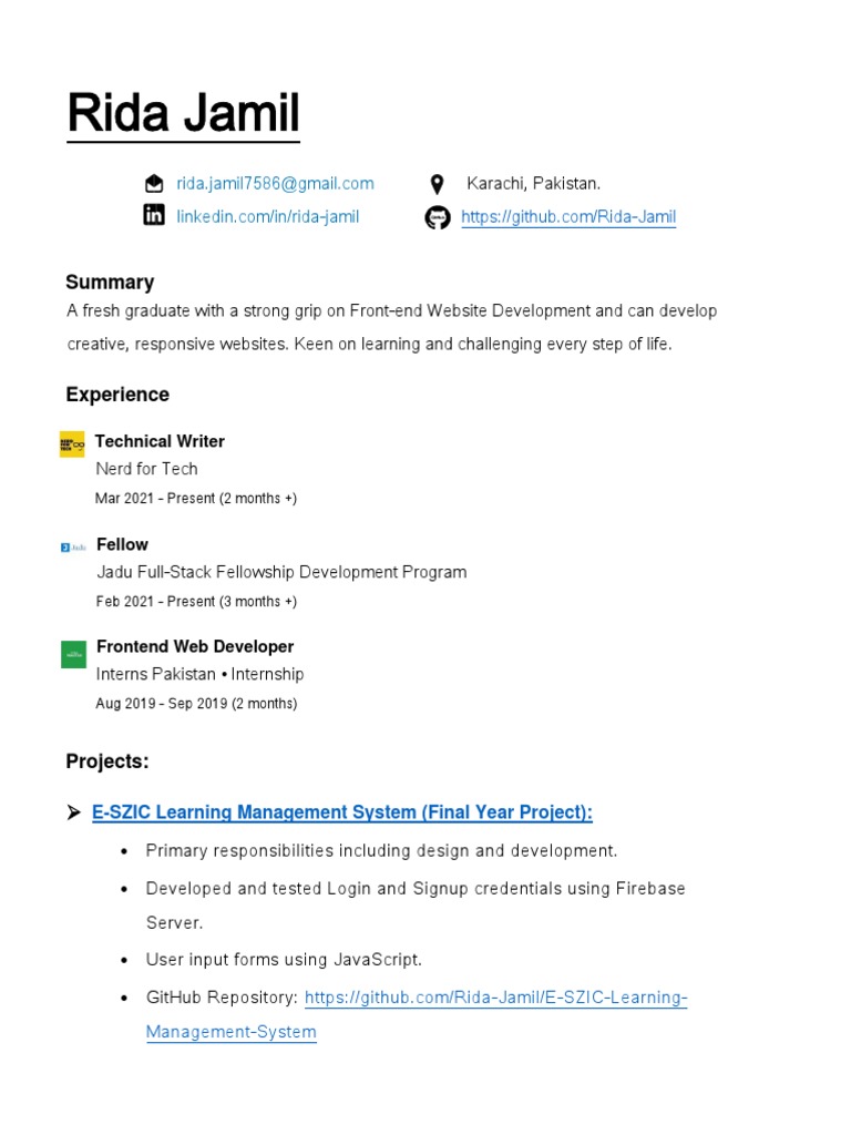 Resume Rida Jamil | PDF