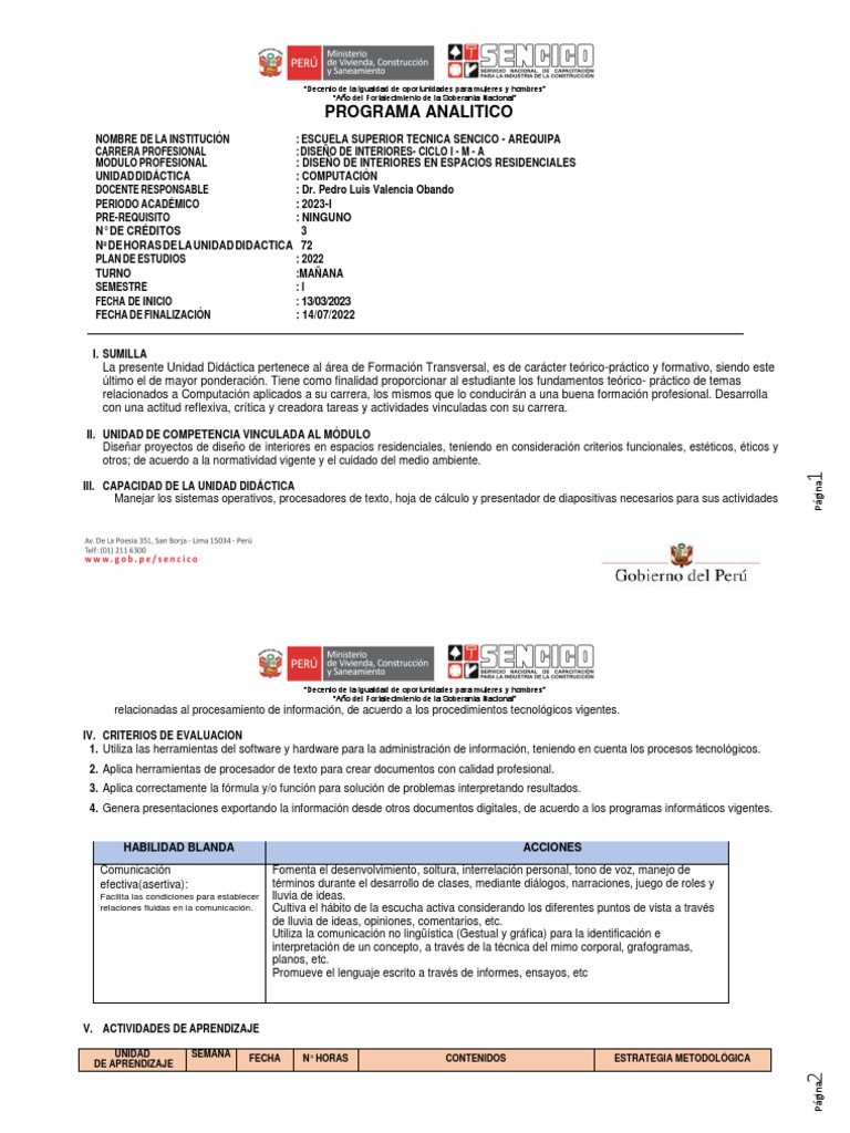 Programa Analitico Computacion d1 Mañana A | PDF | Informática | Archivo de computadora