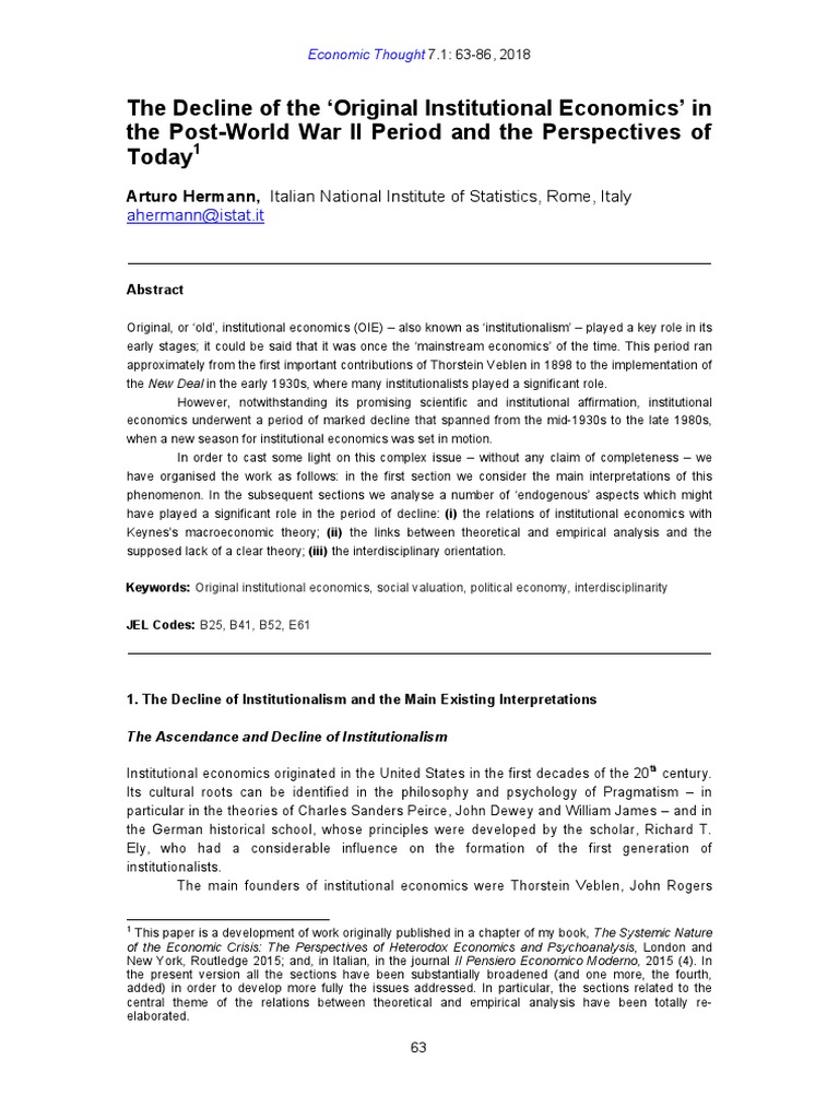 The Decline of The Original Institutional Economics' in The Post-World ...