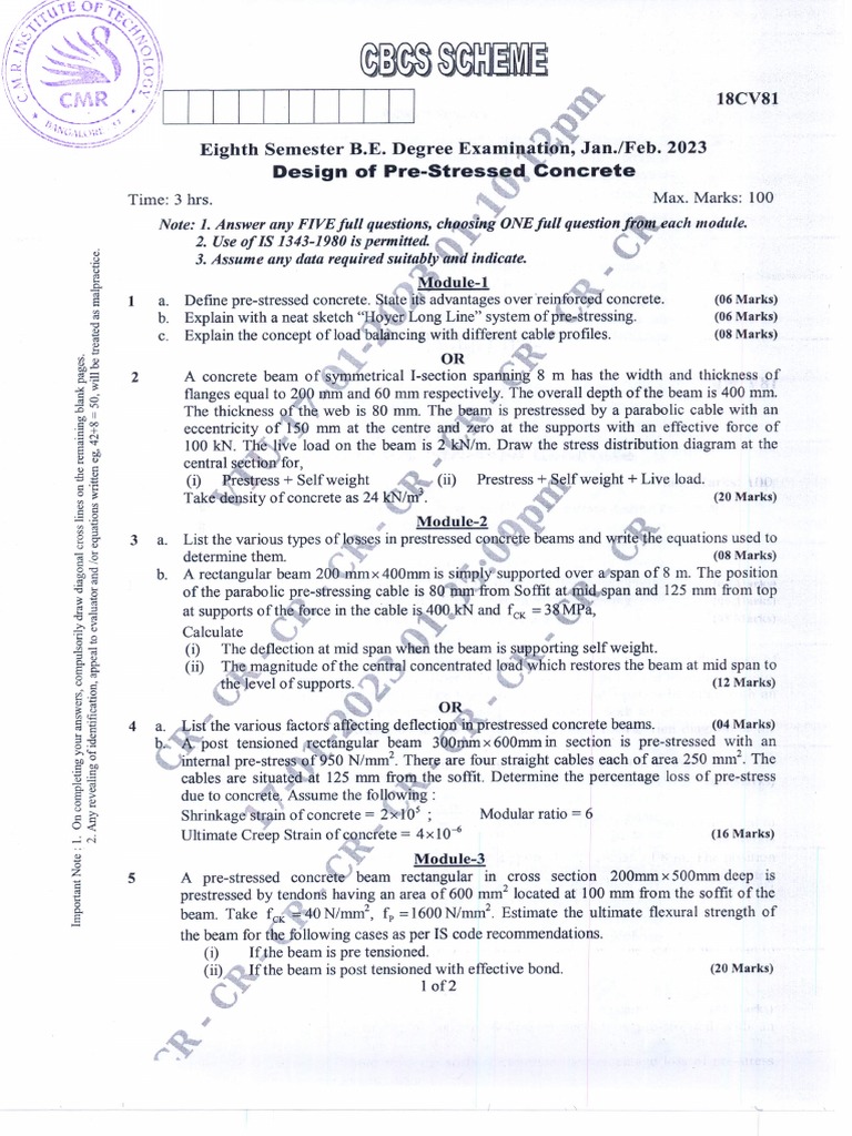 VTU Question Paper of 18CV81 Design of Pre - Stressed Concrete Jan-Feb-2023 | PDF