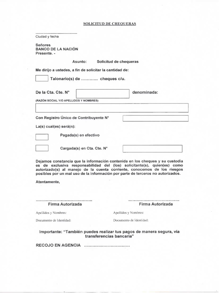 Solicitud de Chqueras Bn | PDF
