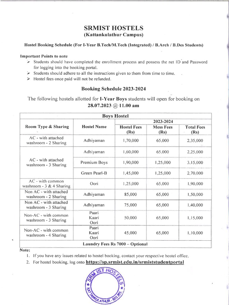 SRM Hostel 1 Year Btech Mtech Barch Bdes Boys | PDF
