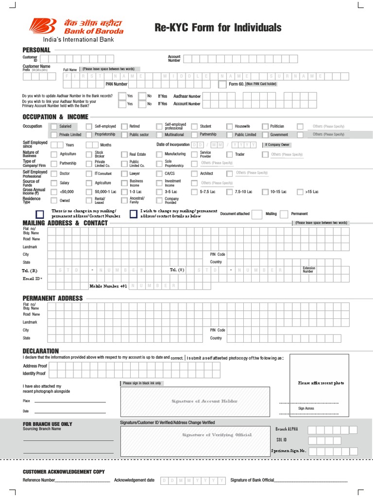 Bank of Baroda Re-KYC Form Guide | PDF | Sole Proprietorship | Self ...