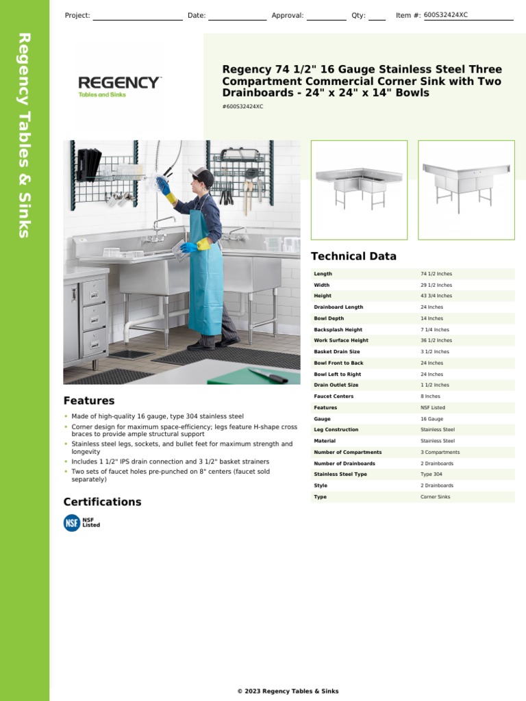 Regency Tables Sinks 600s32424xc Specsheet 2 | PDF | Sink | Stainless Steel