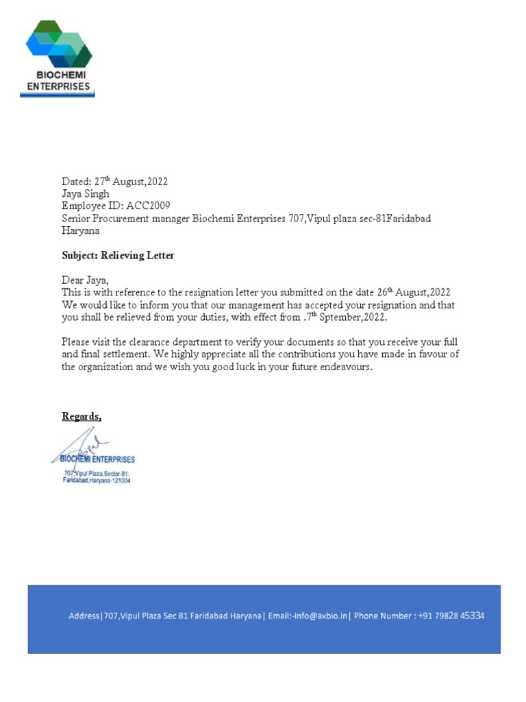 Releving Letter | PDF