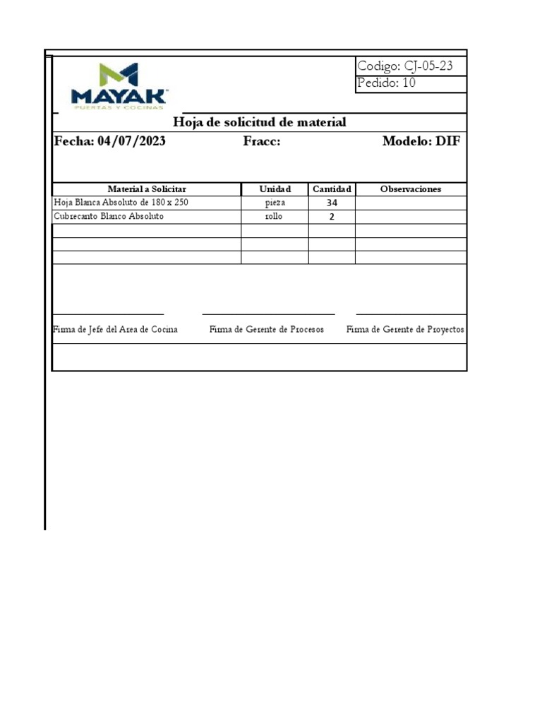 Fecha: 04/07/2023 Fracc: Modelo: DIF Hoja de Solicitud de Material | PDF