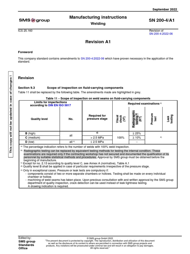 Manufacturing Instructions SN 200-4/A1: Welding | PDF | Leak | Welding