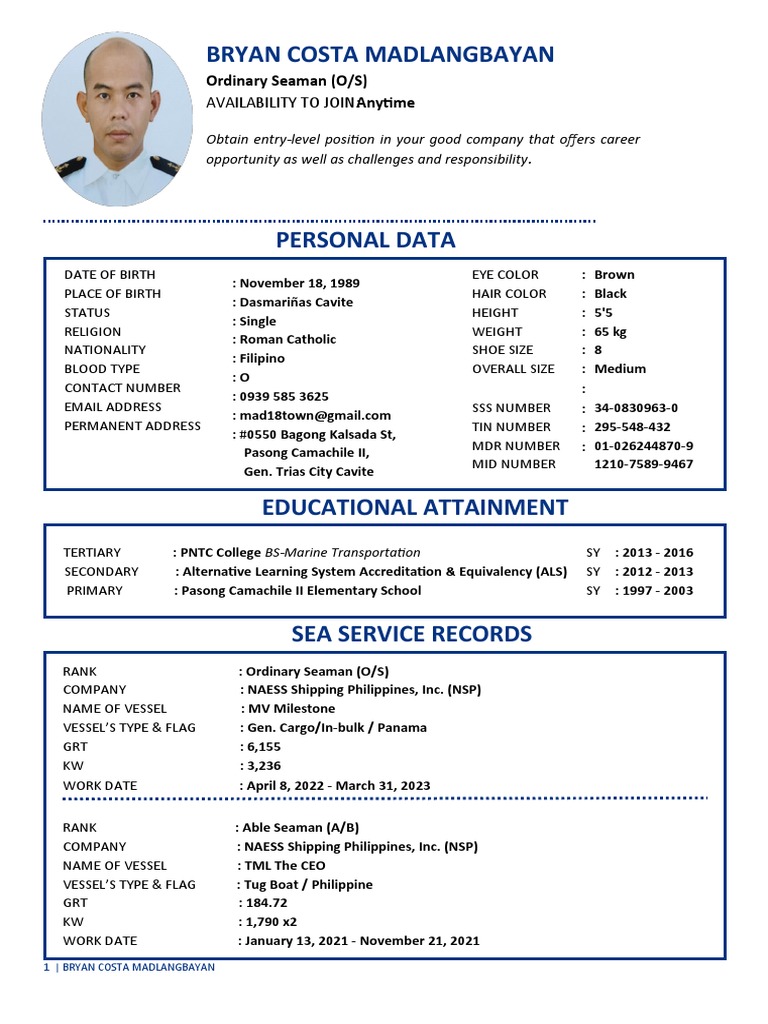 CV Madlangbayan, Bryan Costa | PDF | Shipping | Water Transport