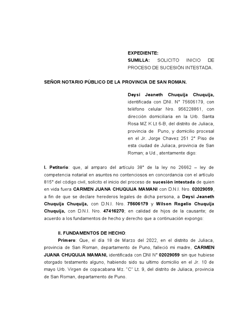 Solicitud de Susecion Intestada de CARMEN JUANA CHUQUIJA MAMANI ...