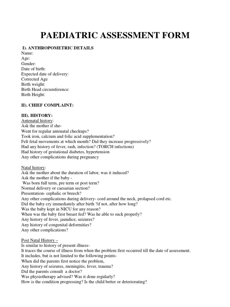 Paediatric Assessment Form | Pregnancy | Medical Specialties