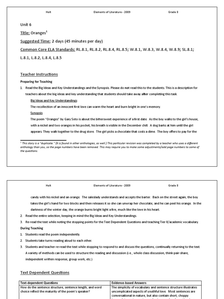 Grade 8 Literature: "Oranges" Analysis | PDF | Cognition | Cognitive ...