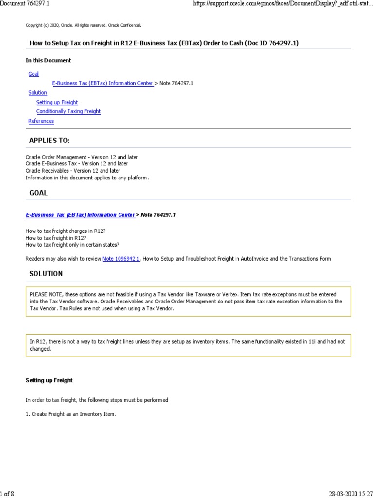 How To Setup Tax On Freight in R12 E-Business Tax (EBTax) Order To Cash Doc ID 764297.1 | PDF ...
