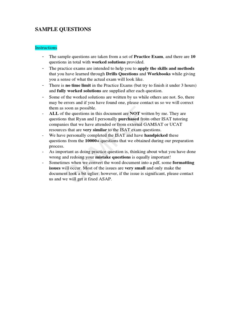 NEW Sample ISAT Questions Revised | PDF | Fat | Omega 3 Fatty Acid