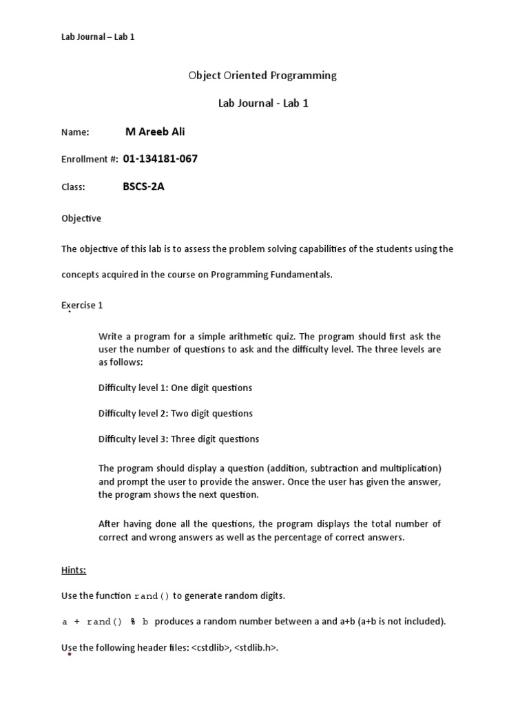 Oop Lab Basic Questions Assignment Pdf Computer Program Programming 7087