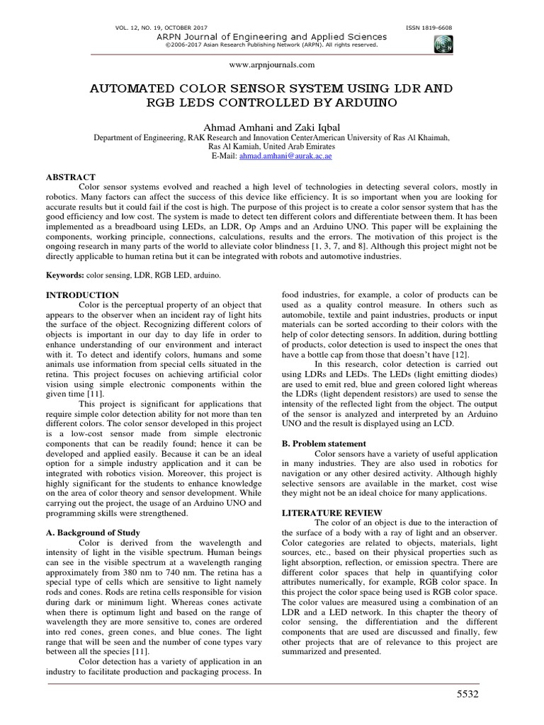Automated Color Sensor System Using LDR and RGB Leds Controlled by Arduino | PDF