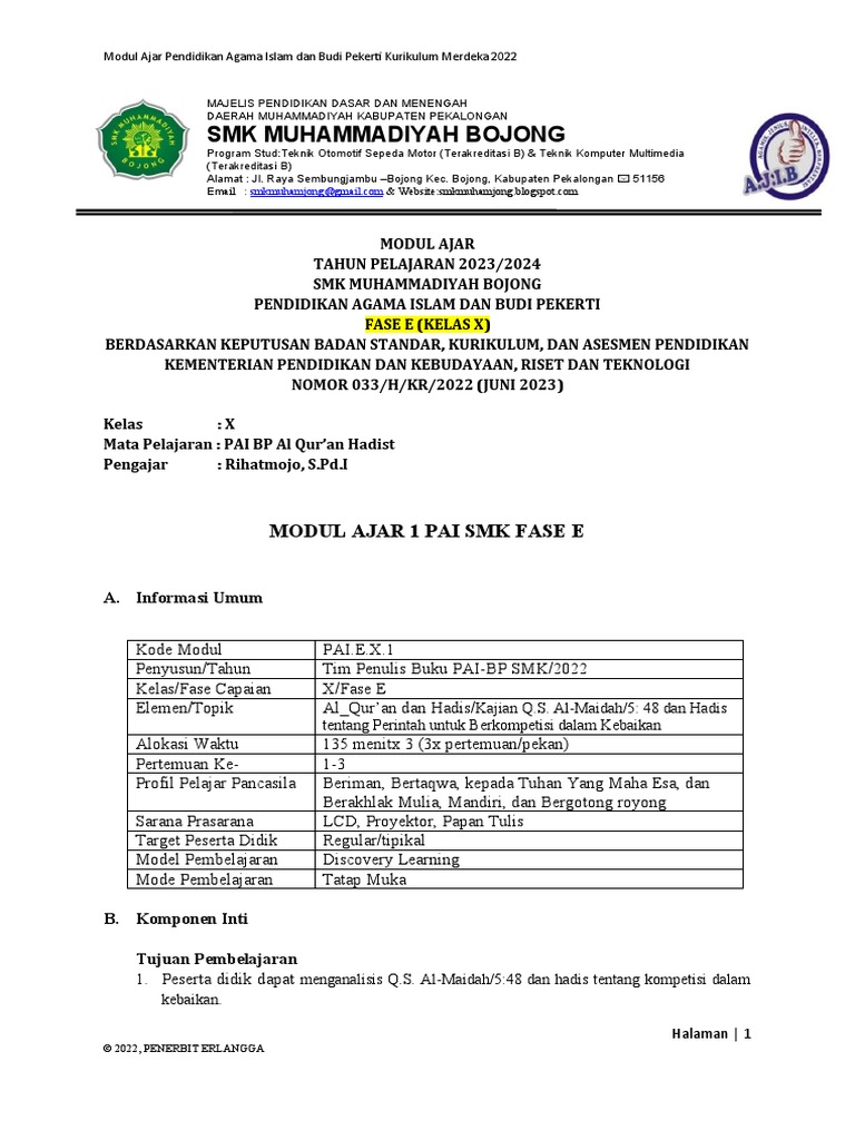 Modul Ajar Pai Quran Kelas X | PDF