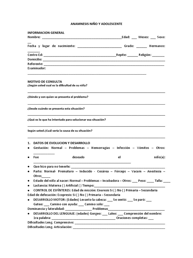 Anamnesis Niño Adolescente | Descargar gratis PDF | Medicina CLINICA ...