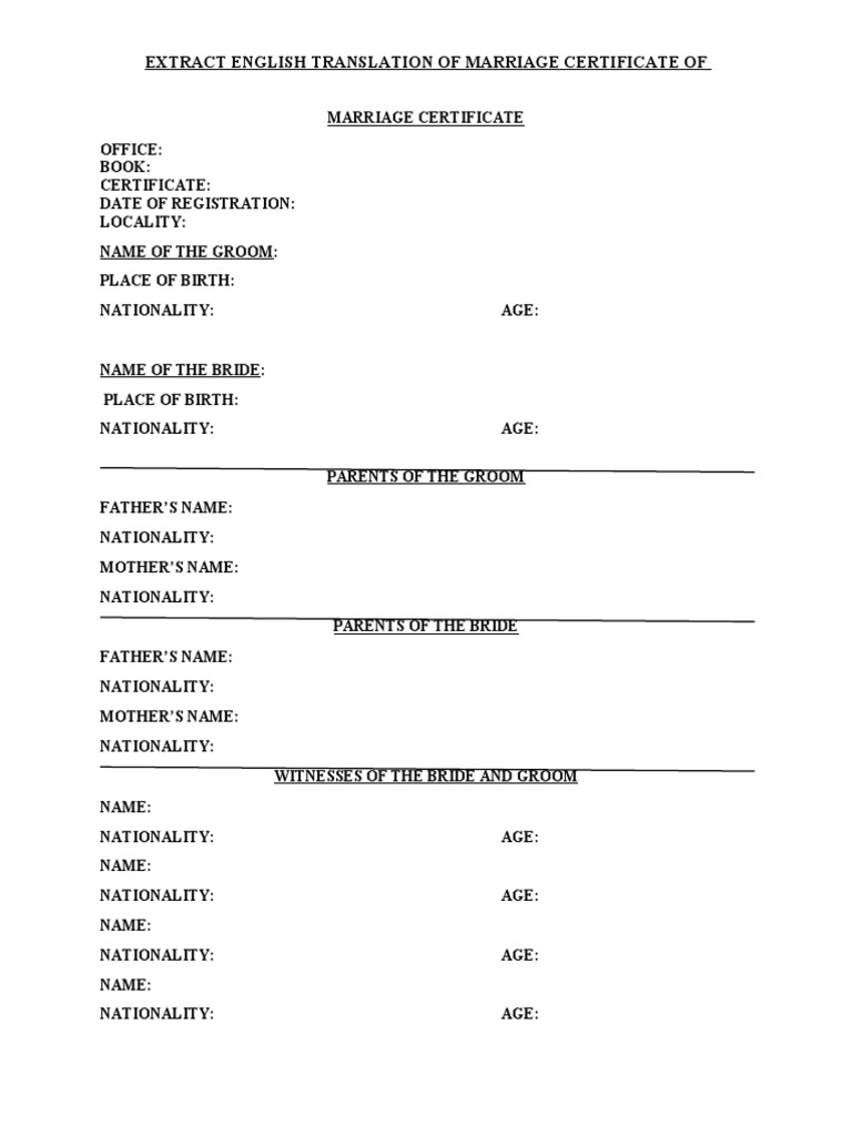 Marriage Certificate Extract Translation W Certificate of Translation | PDF