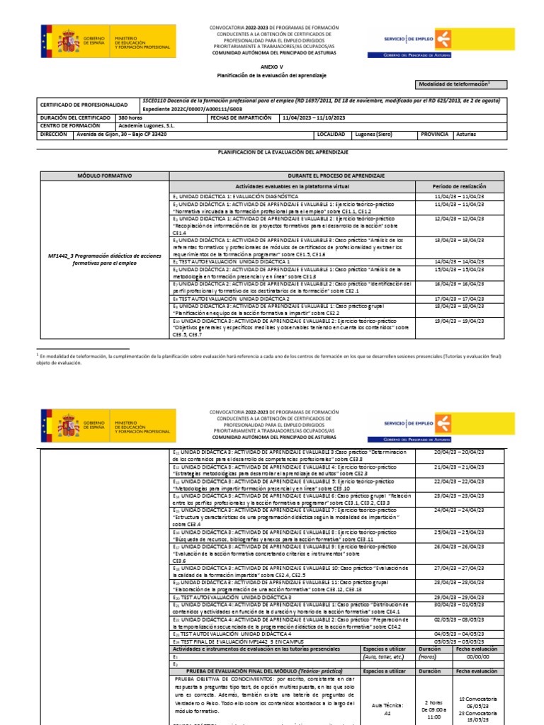 Anexo V Planificación de La Evaluación | PDF | Evaluación | Aprendizaje