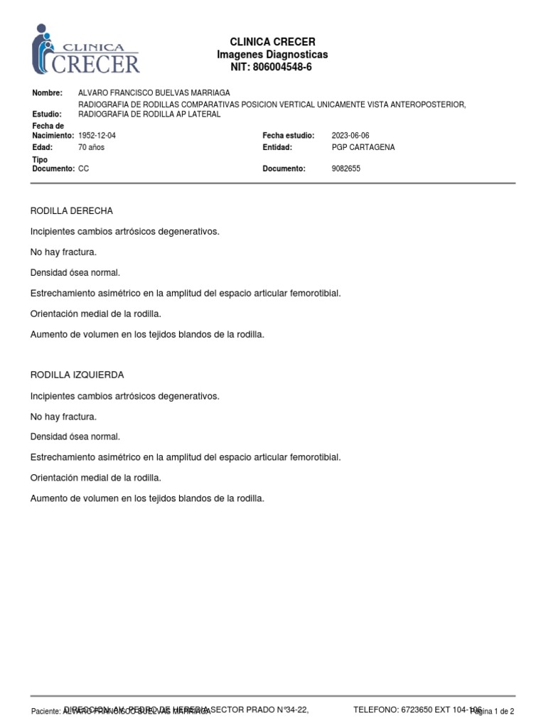 Radiografia de Rodillas Comparativas Posicion Vertical Unicamente Vista ...